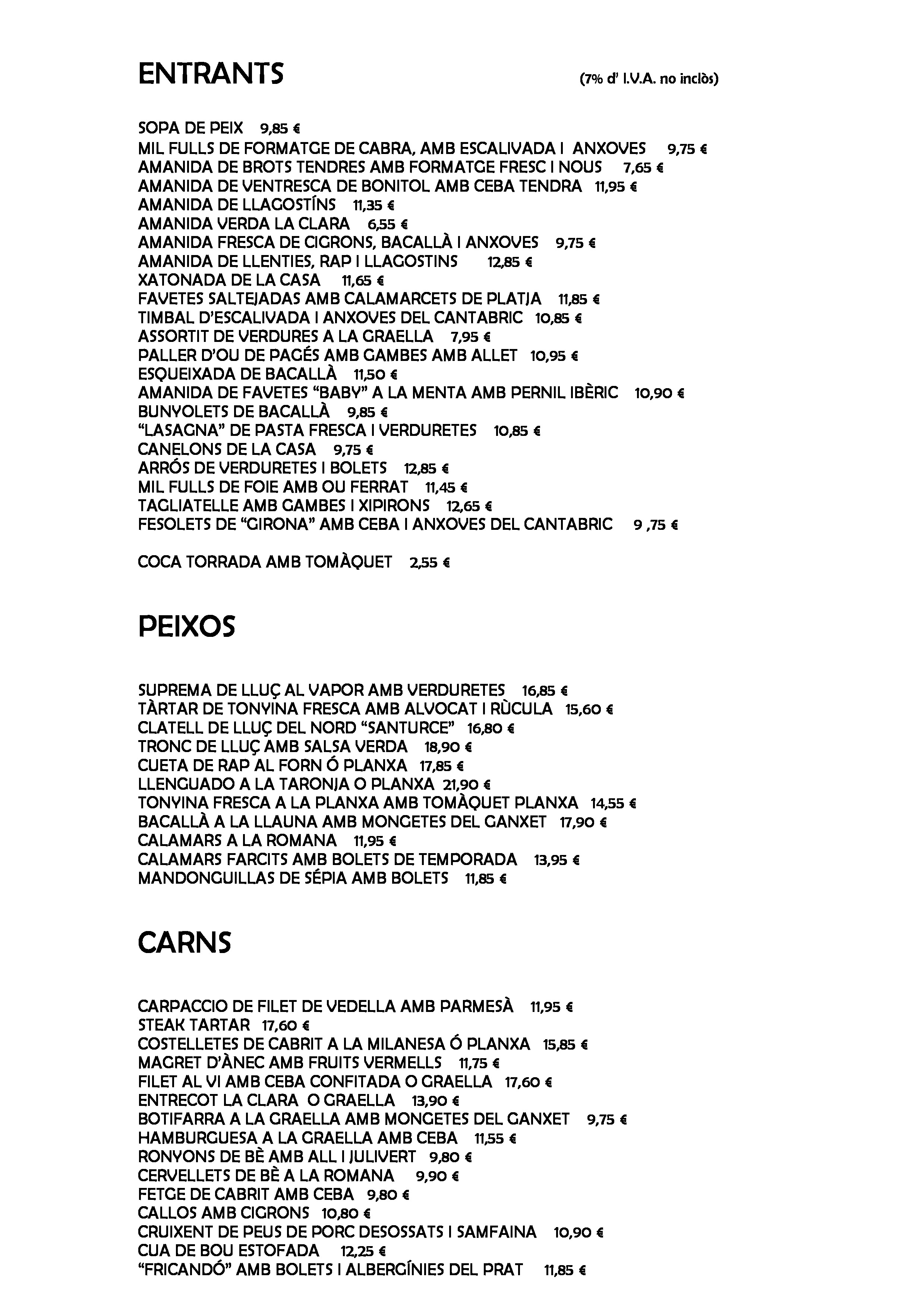 Carta del restaurante La Clara Restaurant, Barcelona